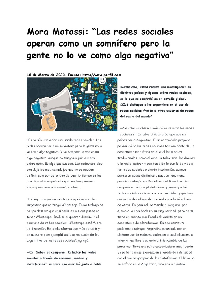 Mora Matassi REDES SOCIALES COMO SOMNIFERO PDF | PDF