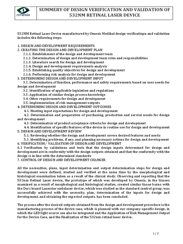 4.1 Summery of Design Verification and Validation of 532NM Retinal Laser Device | PDF