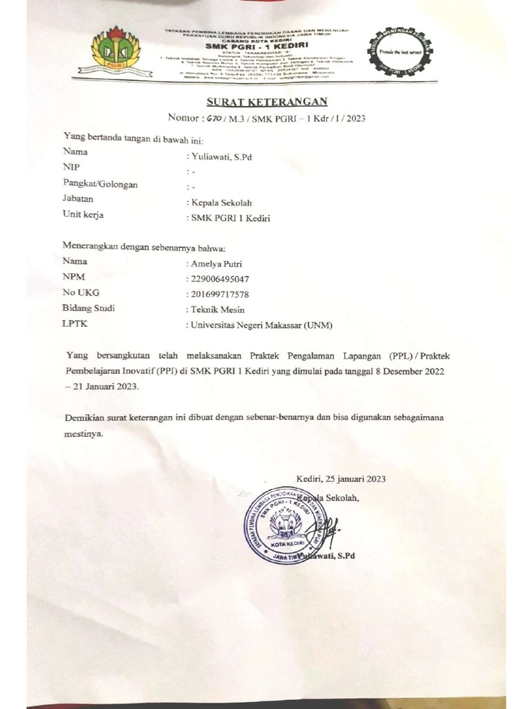 Surat Keterangan Selesai PKL | PDF