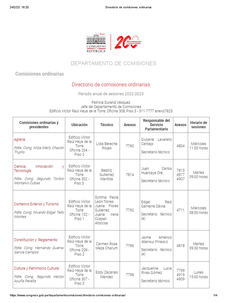 Directorio de Comisiones Ordinarias - 2022 - 2023 PDF | PDF