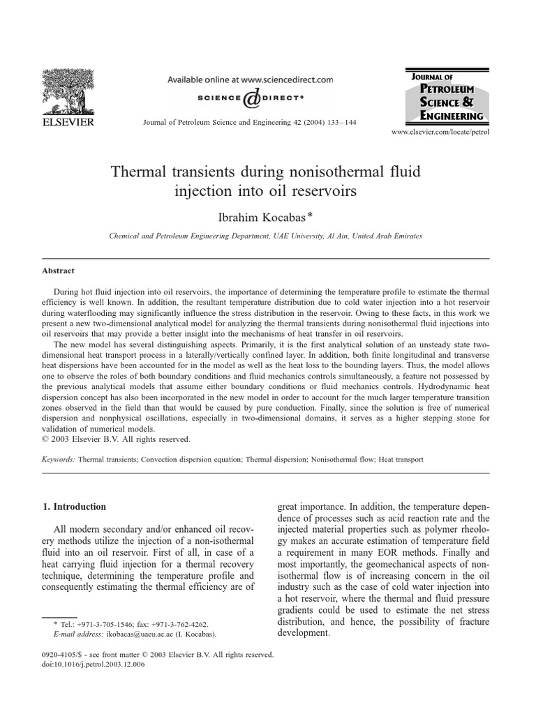 Thermal Transients During Nonisothermal Fluid Injection Pdf Pdf