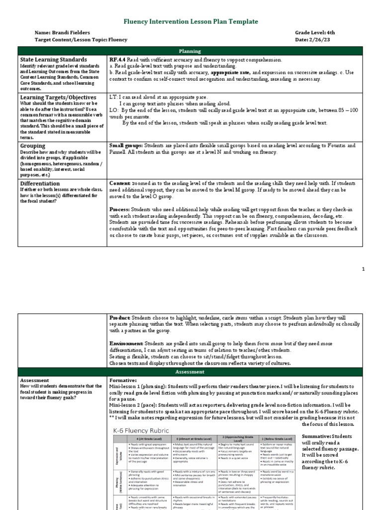 Fluency Lesson Plan for 4th Grade | PDF