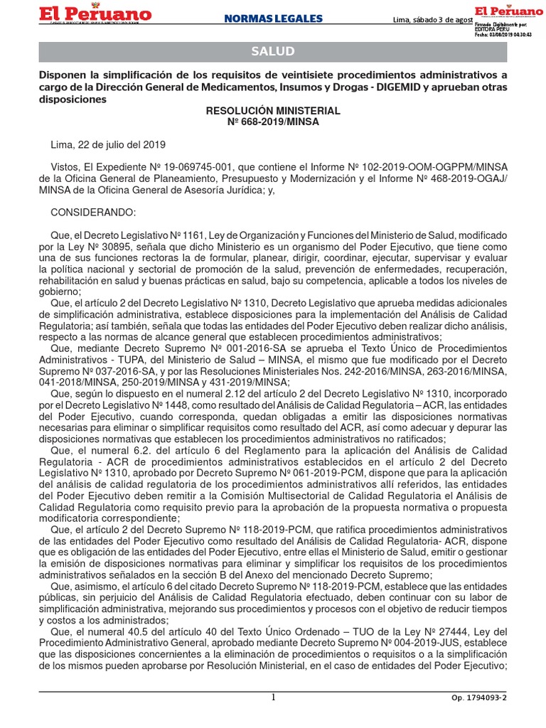 RM - 668 2019 Minsa | PDF | Medicamentos con receta | Ministerio (Departamento de Gobierno)