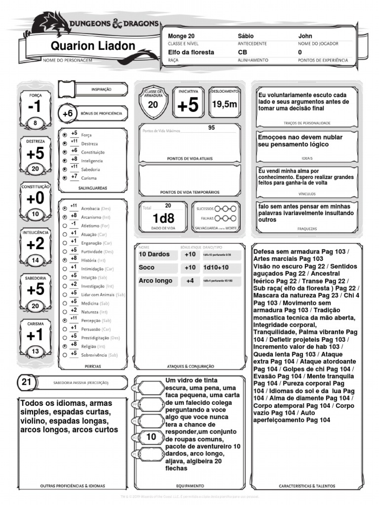 Perfil de personagem de um monge elfo da floresta | PDF