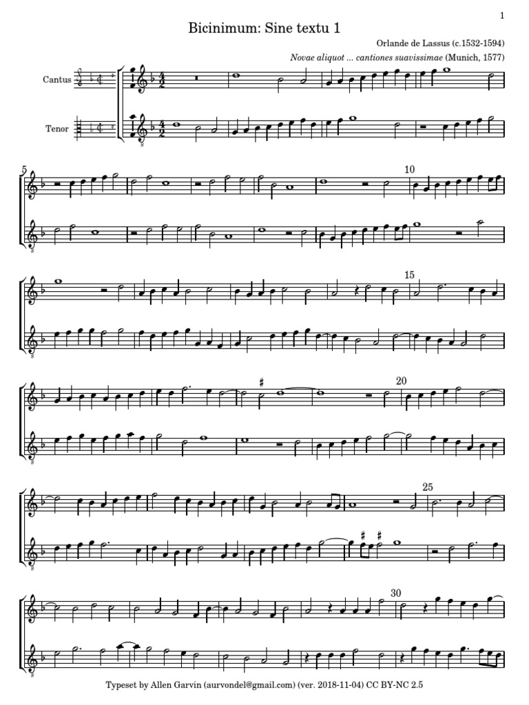 Bicinimum Sine Textu 1 Per Due Voci Di Orlando Di Lasso (c.1532 - 1594) PDF | Download Free PDF ...