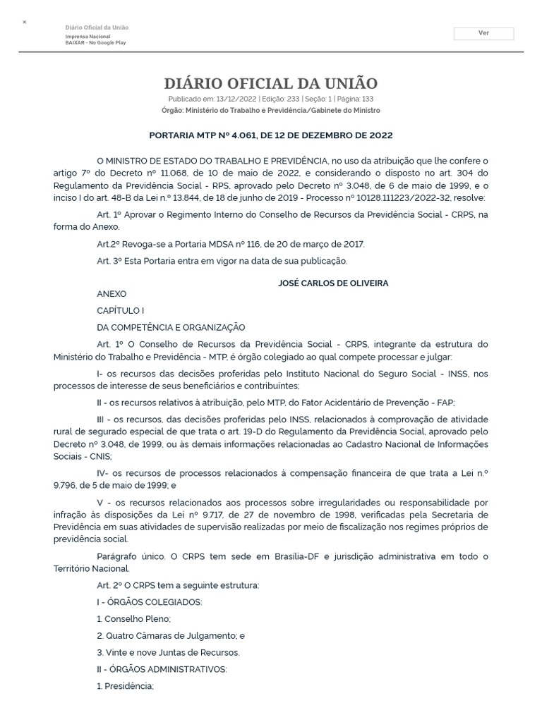 PORTARIA - MTP - #4 - 061 12 de Dezembro 2022 PDF | PDF | Bem-estar ...