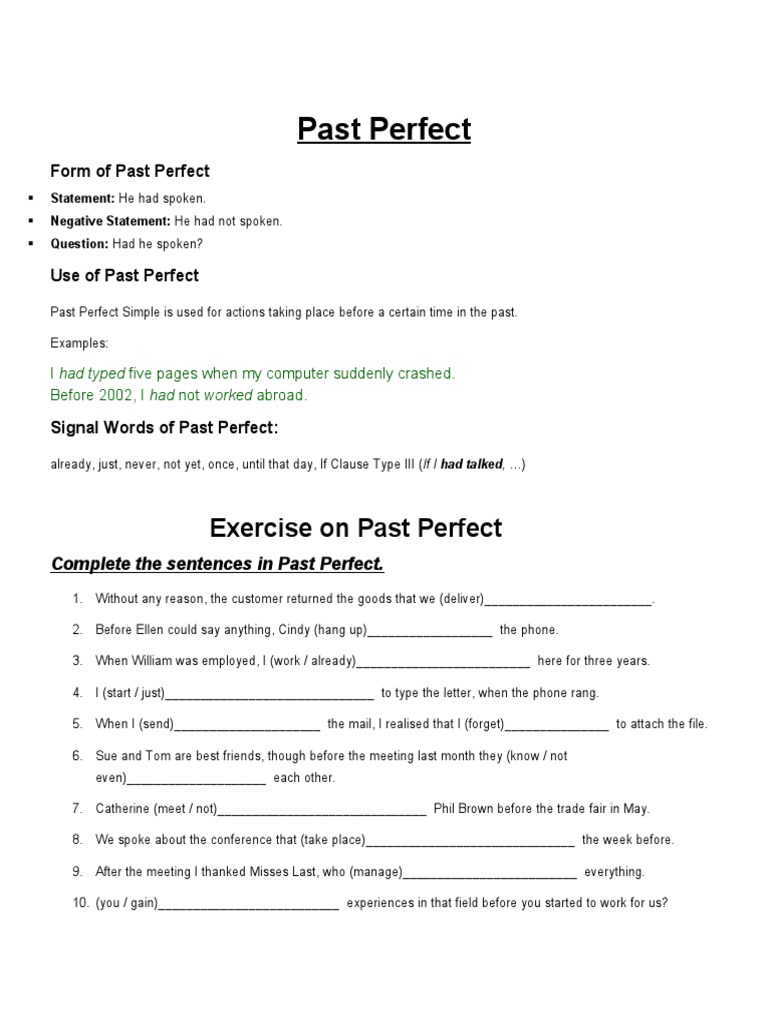 Past Perfect Exercises | PDF