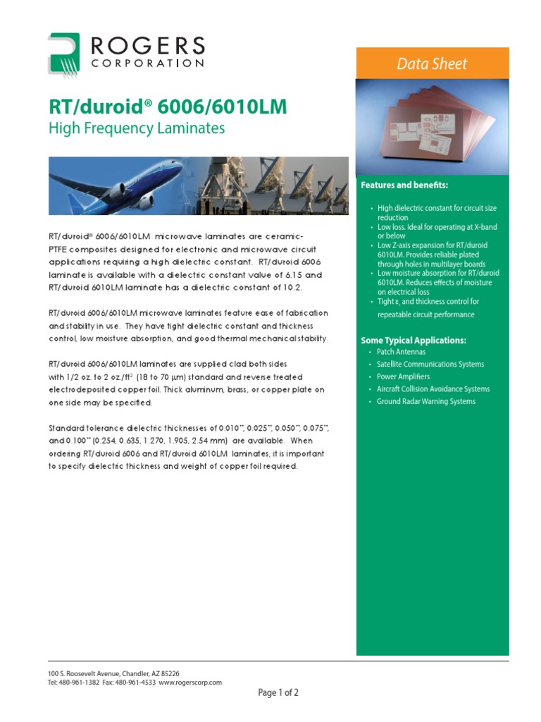RT-duroid 6006-6010LM Laminate Data Sheet PDF | PDF | Microwave | Young ...