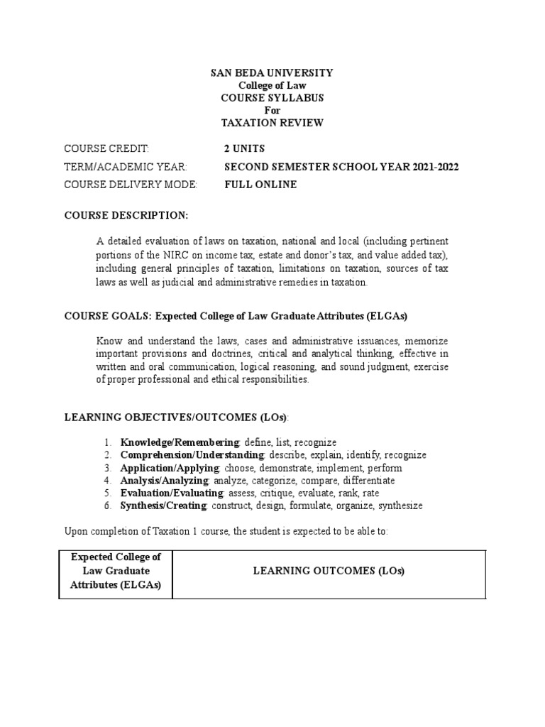 Tax Rev Syllabus 2022 | PDF | Taxes | Income Tax