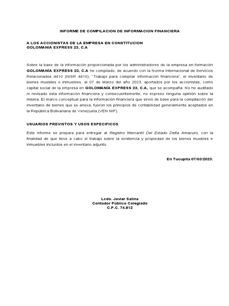 Informe de Compilacion de Informacion Financiera | PDF Informe de Compilacion de Informacion Financiera | PDF