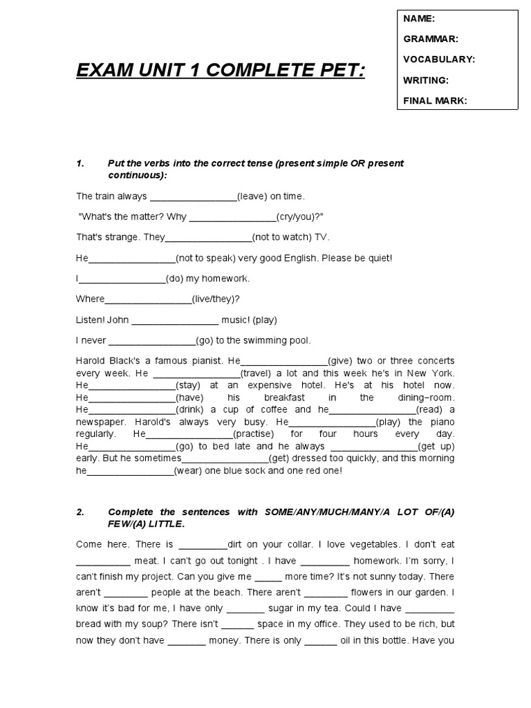 Exam Unit 1 Complete Pet | PDF | Adverb | English Language