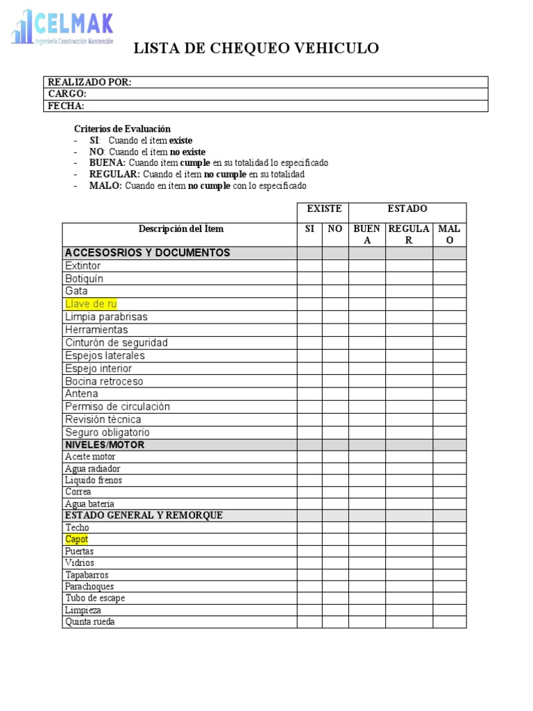 Lista de Chequeo Vehiculo | PDF