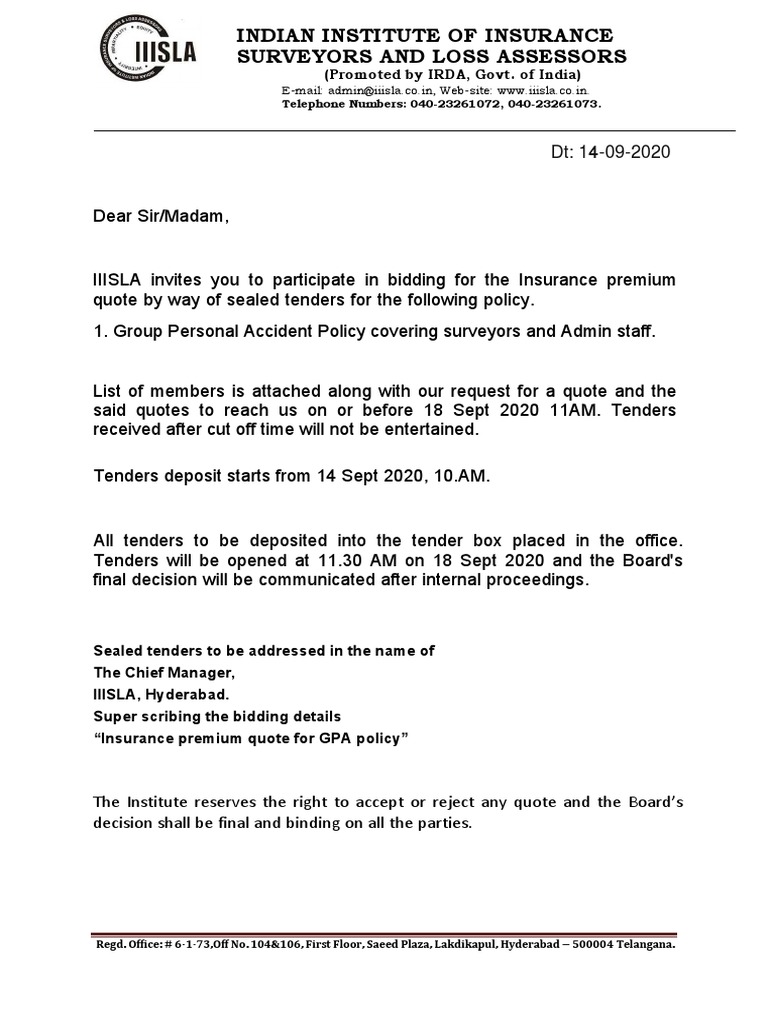 Invitation For Insurance Quote For Group Personal Accident Policy PDF ...