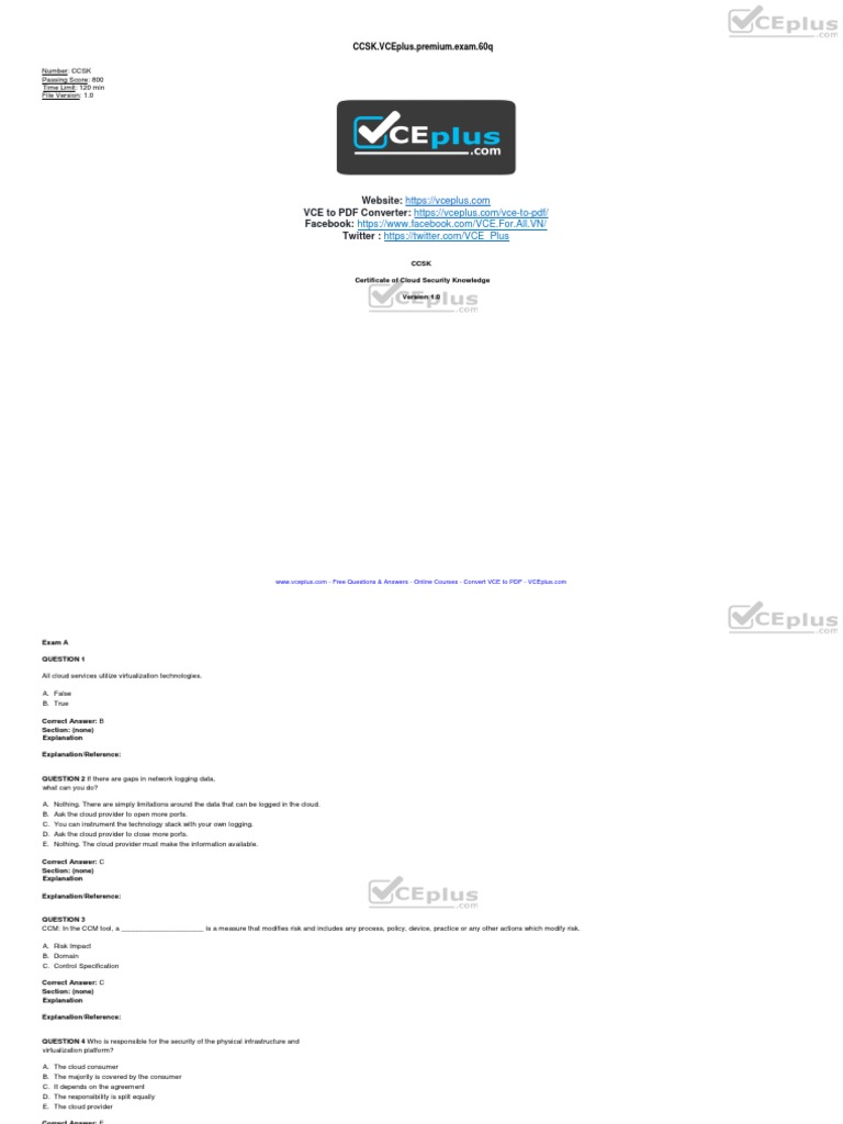 CSA - Pre .CCSK .By .VCEplus.60q | PDF | Cloud Computing | Virtual Machine