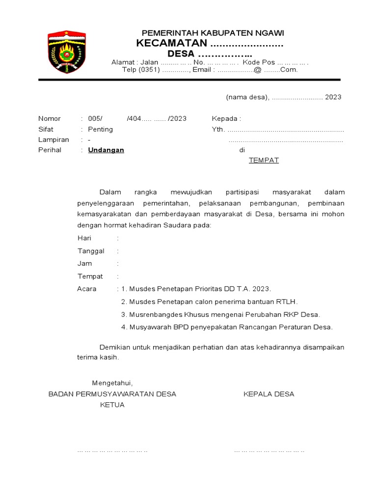 Contoh Undangan Musdes Desa 2023 | PDF