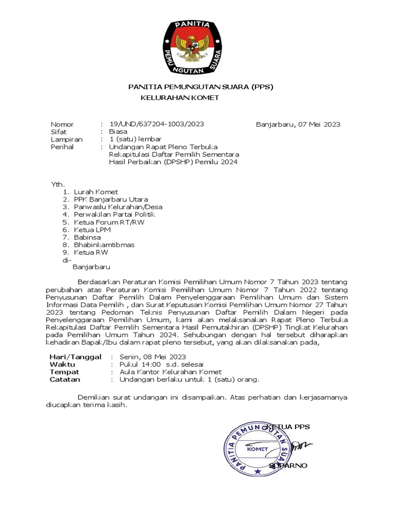 Undangan Rapat Pleno DPSHP Pemilu 2024 | PDF