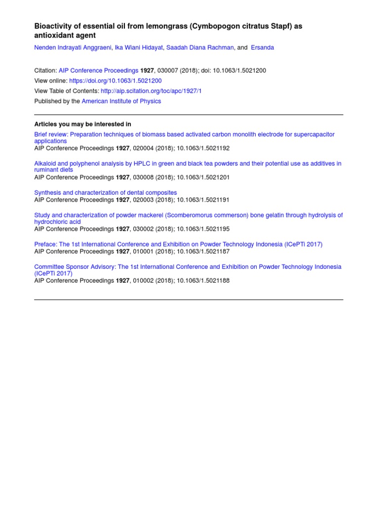 Bioactivity of Essential Oil From Lemongrass (Cymbopogon Citratus) | PDF | Antioxidant | Chemistry