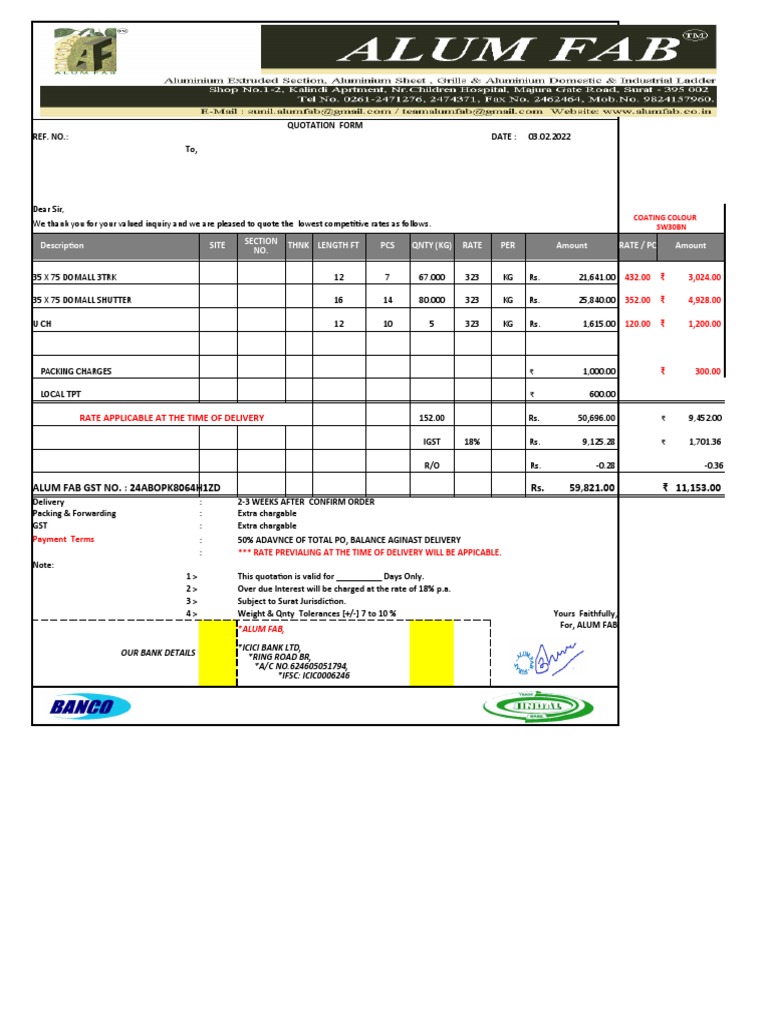 Quotation form for aluminium fabrication | PDF | Payments | Economies