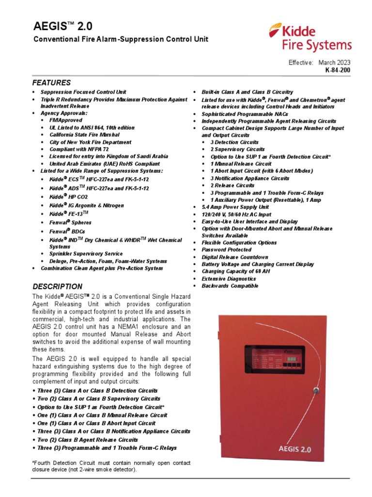 Kidde AEGIS 2 0 Conventional Fire Alarm-Suppression Control Unit K-84 ...