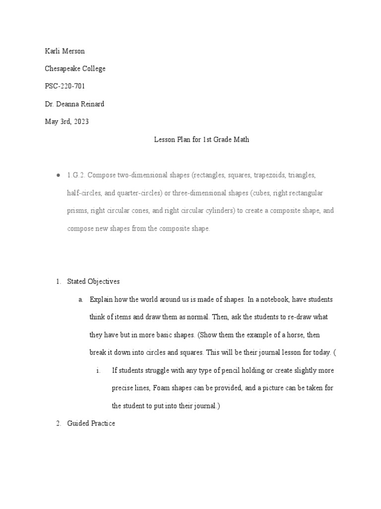 Lesson Plan 1st Grade Math | PDF | Shape | Drawing