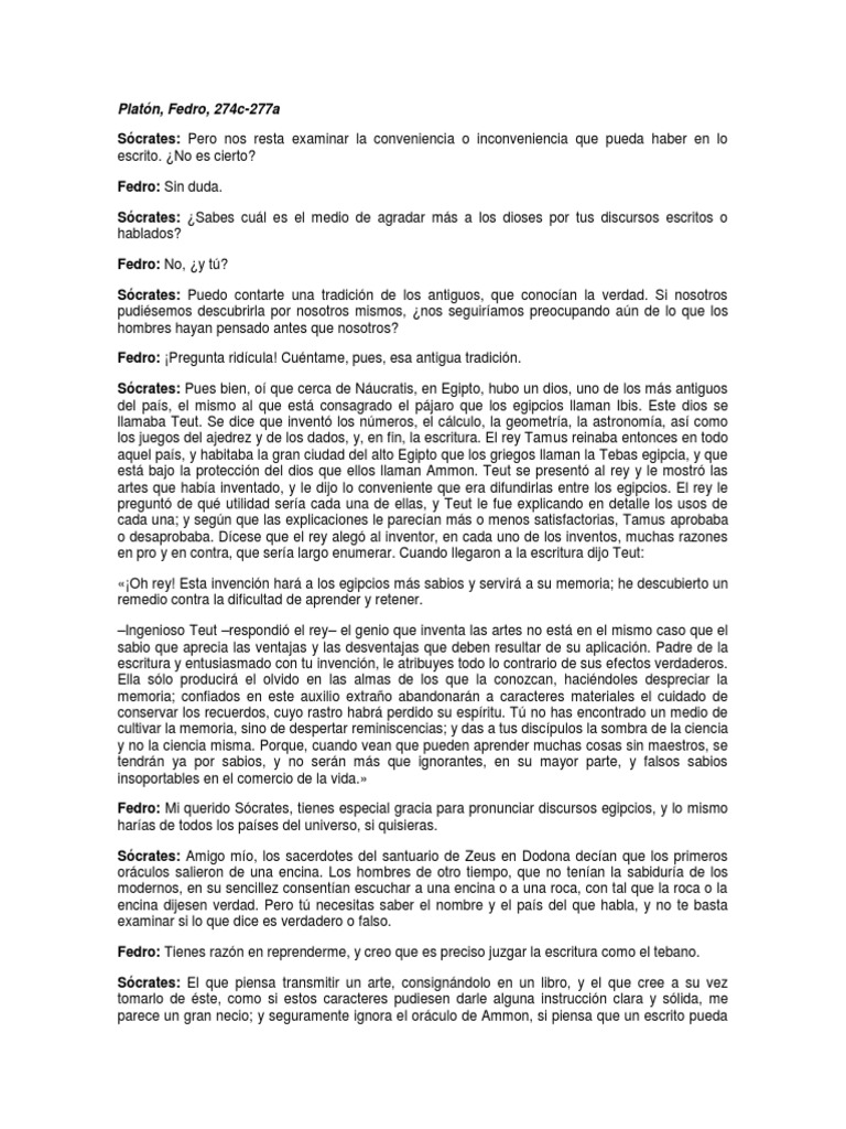 Fedro, Platón, 274c, 277a | PDF | Sócrates | Platón