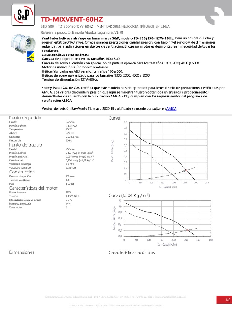TD-500150-127V-60Hz (5TD-500) - Ventiladores Helicocentrífugos en Línea ...