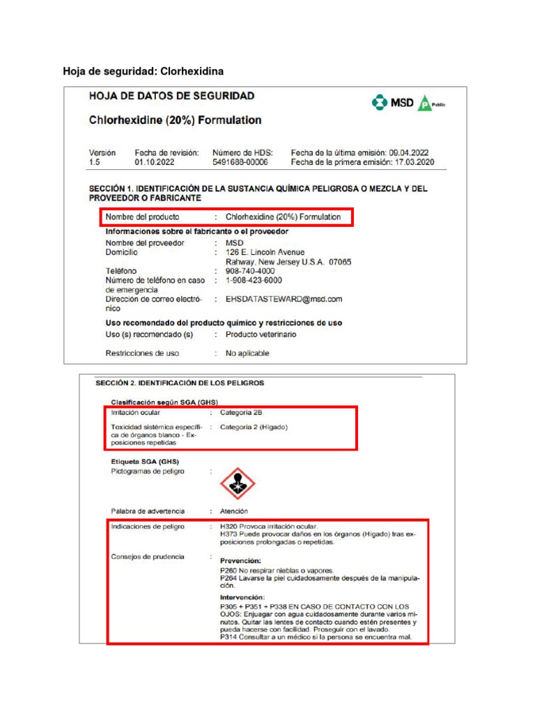 Hoja de Datos de Seguridad Clorhexidina | PDF