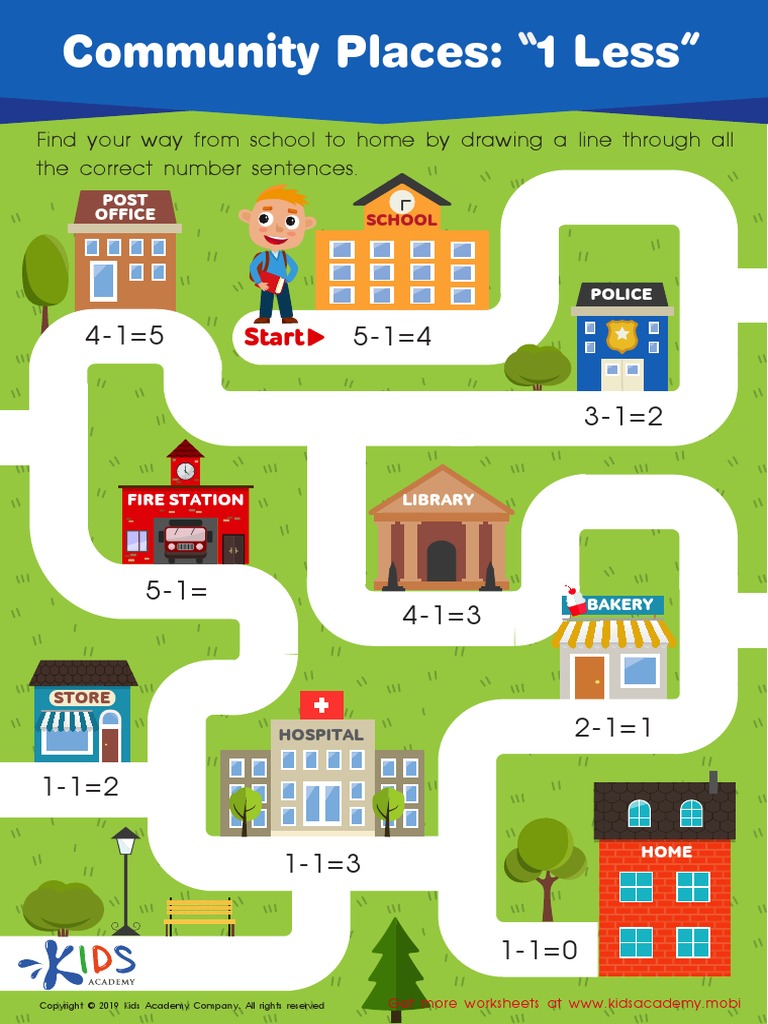 Kindergarten Community Places 1 Less Worksheet | PDF