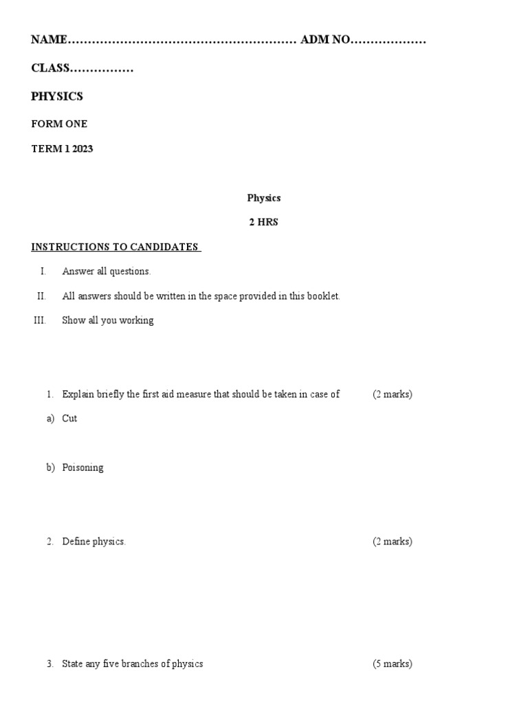 PHYSICS FORM ONE TERM 1 Teacher - Co - Ke | PDF | Weight | Force