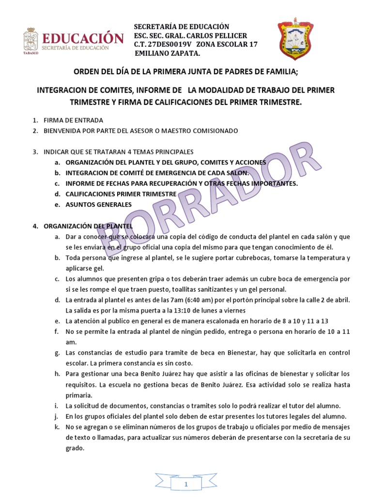 Orden Del Dia Primer Junta de Padres de Familia 2022 | PDF