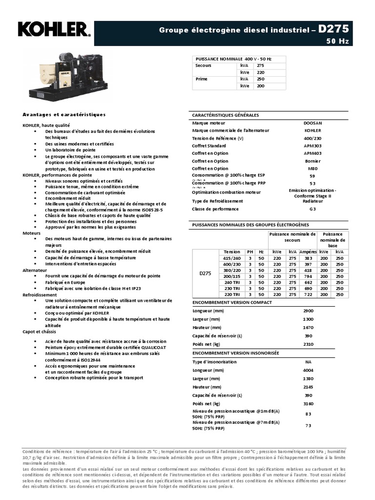Groupe électrogène diesel D275 275 kVA | PDF | Moteur diesel ...