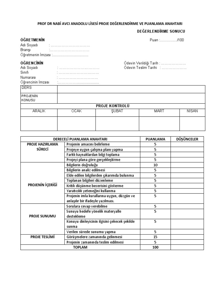 Proje Değerlendi̇rme Formu | PDF