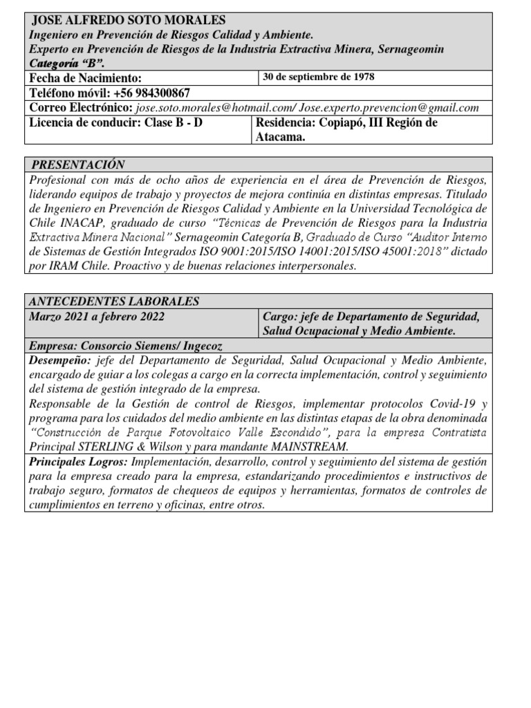 CV Jose Soto Morales | PDF | Seguridad y salud ocupacional | Minería