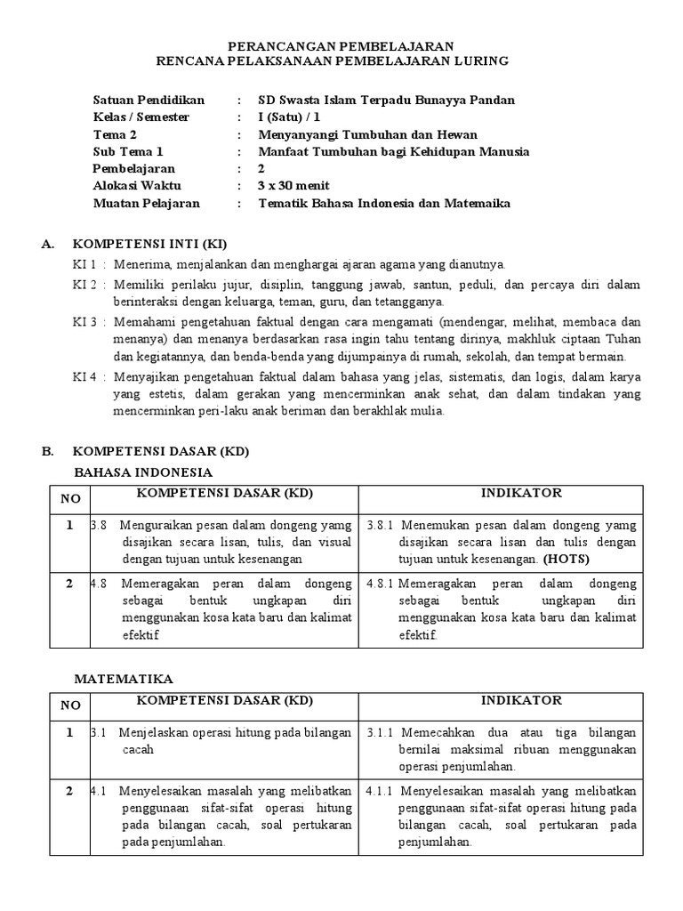 RPP Tematik Kelas 1 | PDF
