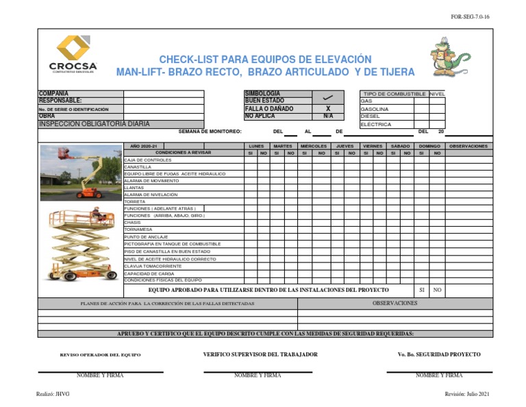 Check List Equipos de Elevacion 2021 | PDF | Vehículos