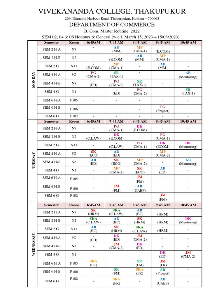 BCom Master - Routine - Sem - 2 - 4 - 6 2023 | PDF