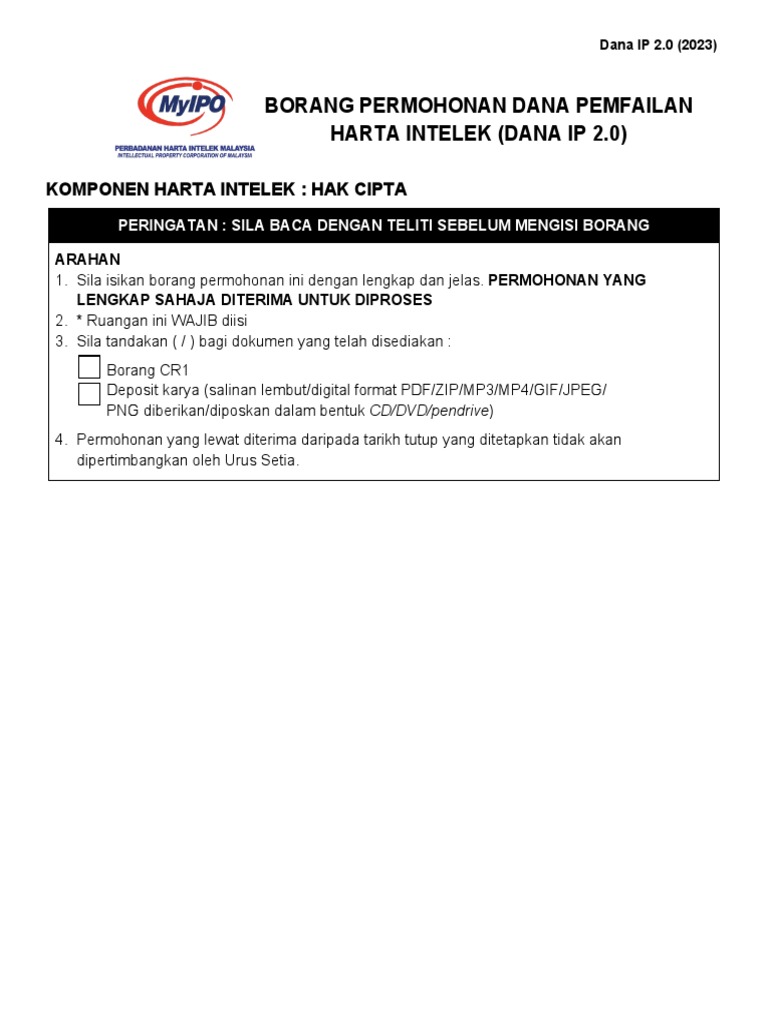 Permohonan Manual - Borang Permohonan Dana IP 2.0 Hak Cipta - 2023 | PDF