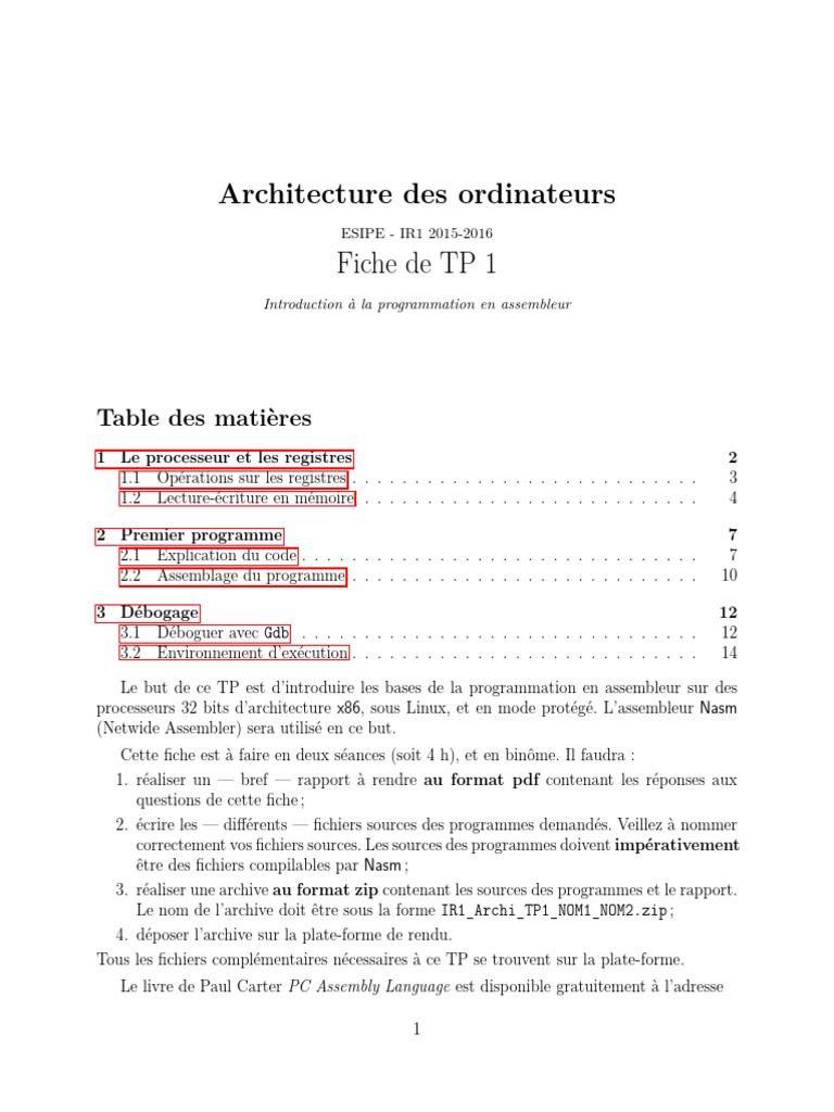 Architecture Des Ordinateurs: Fiche de TP 1 | PDF | Assembleur | Programme informatique