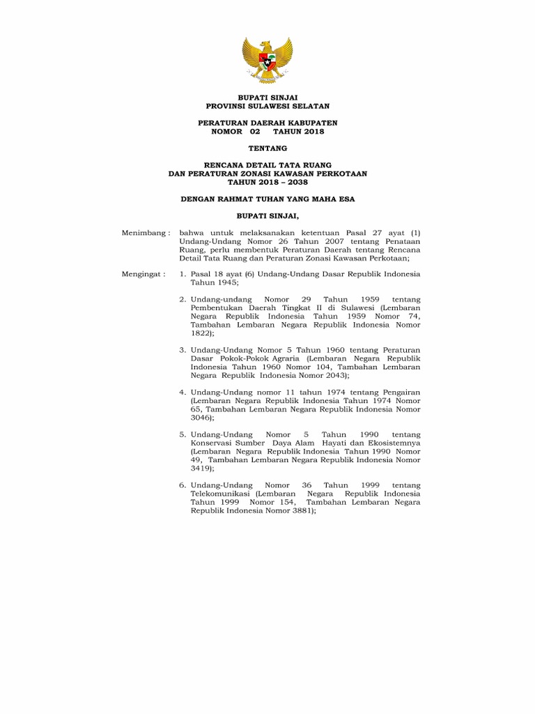 Perda Nomor 2 Tahun 2018 Tentang RDTR Dan Peraturan Zona Kawasan Perkotaan Tahun 2018-2038 | PDF