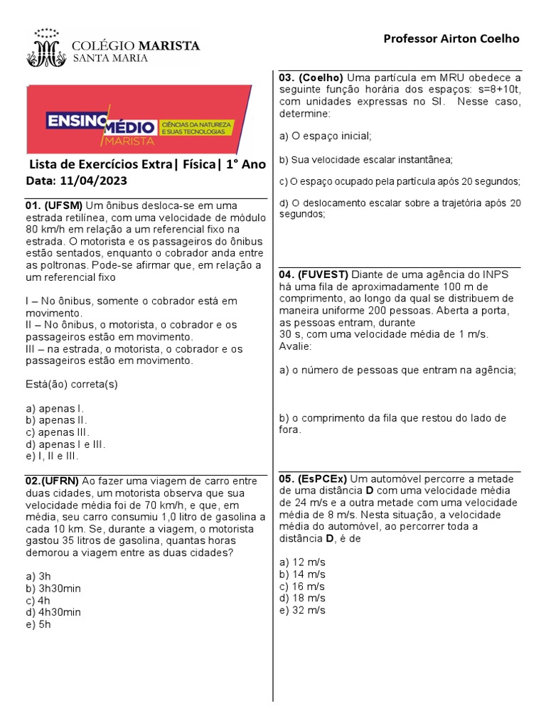 Exercícios - Extras - 1°ano PDF | PDF | Velocidade | Física