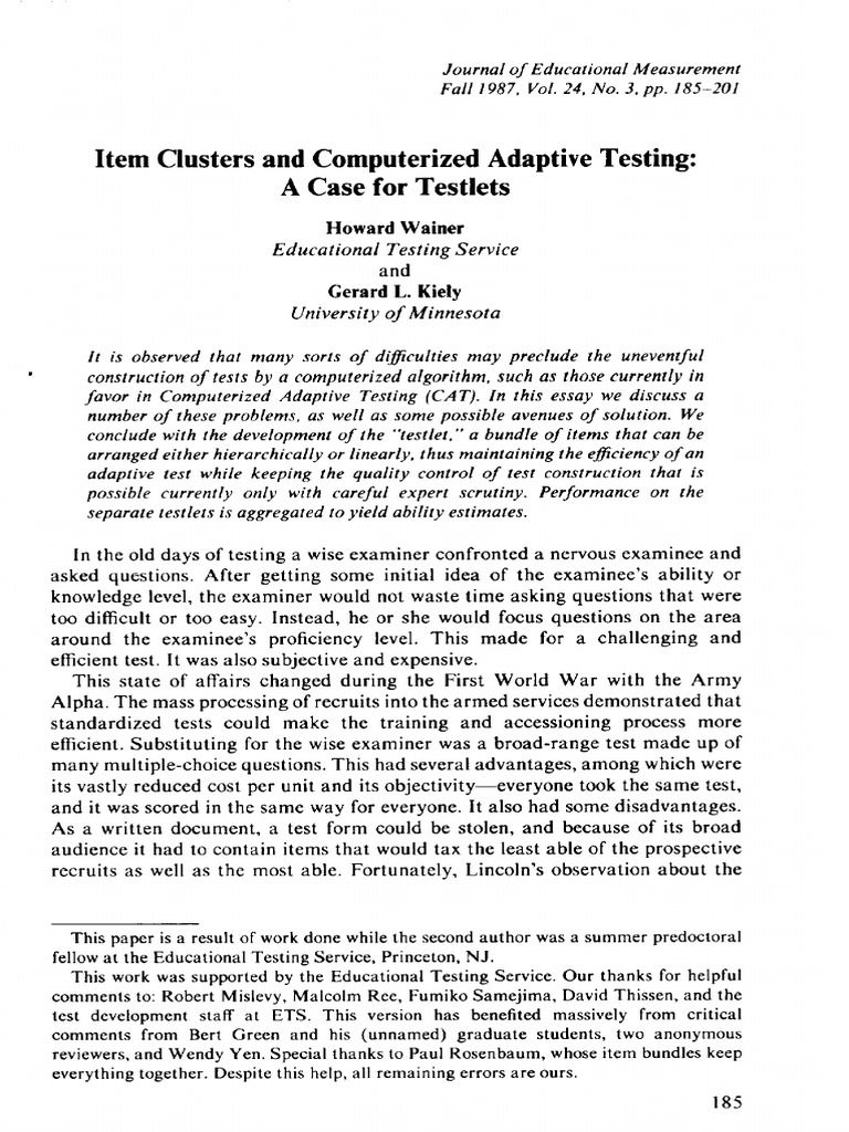 16 Item Clusters and Computerized Adaptive Testing A Case For Testlets ...