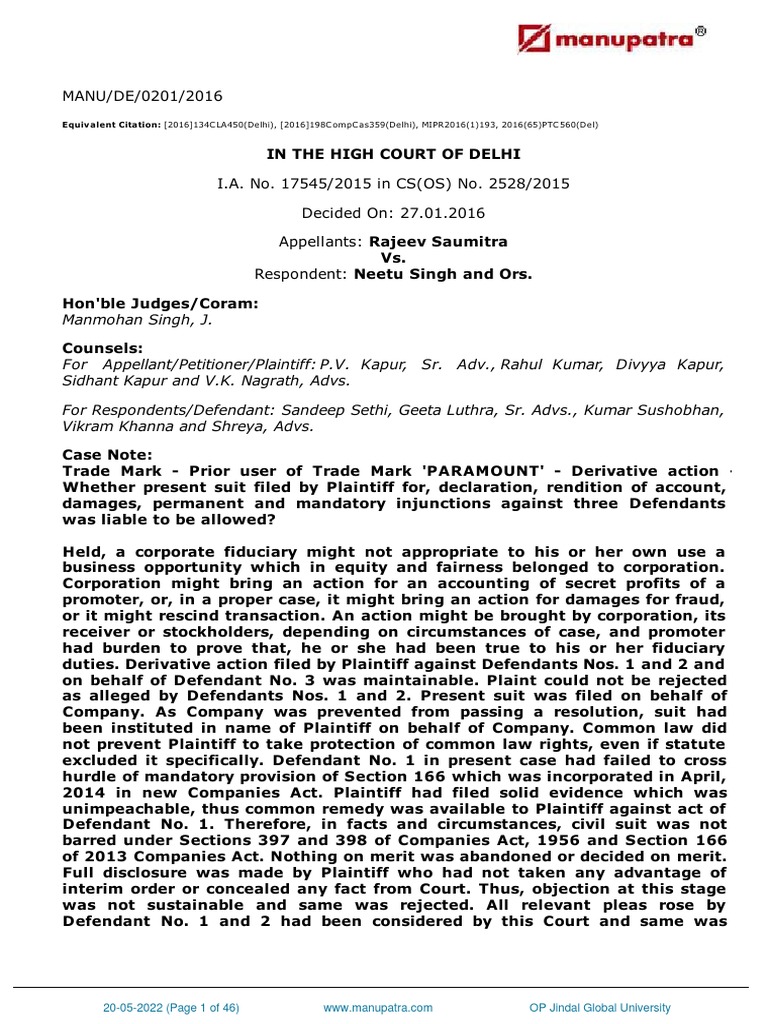 Rajeev Saumitra Vs Neetu Singh | PDF | Lawsuit | Fiduciary