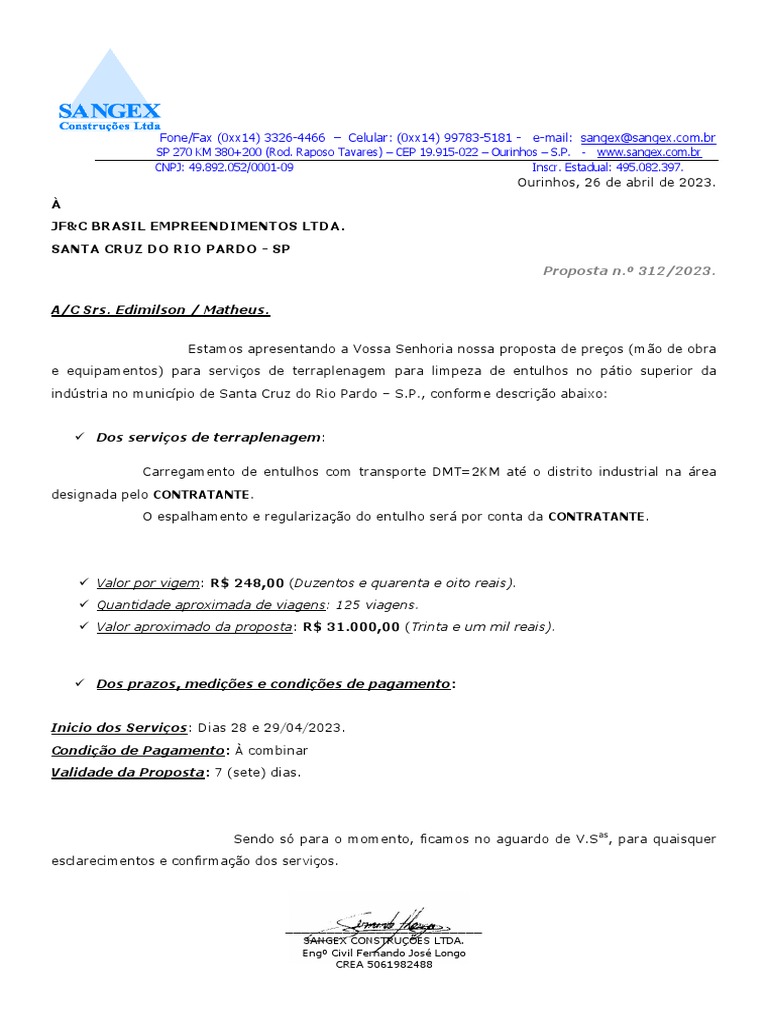 Proposta Nº 312-2023 - Terraplenagem Transporte Entulho 26-04-2023 PDF | PDF