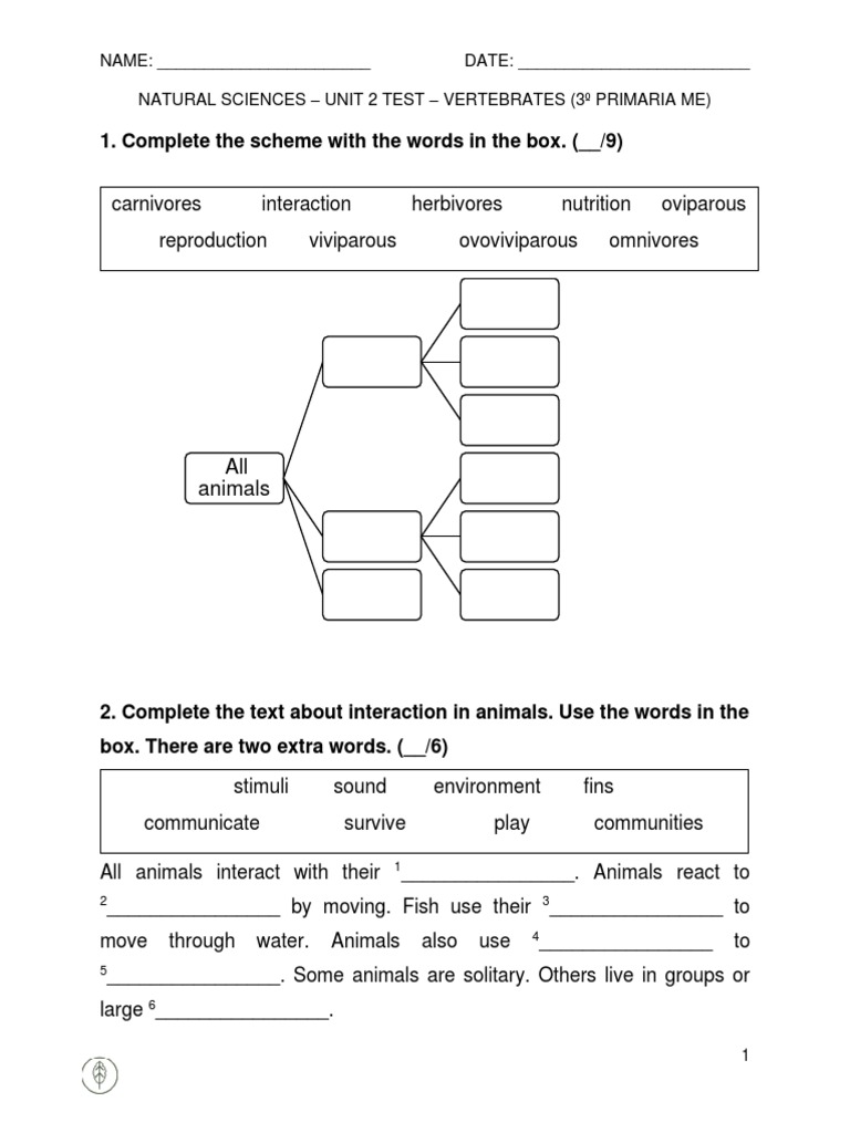 Test Unit 2 - Vertebrates - 3º Primaria | PDF | Mammals | Reptile