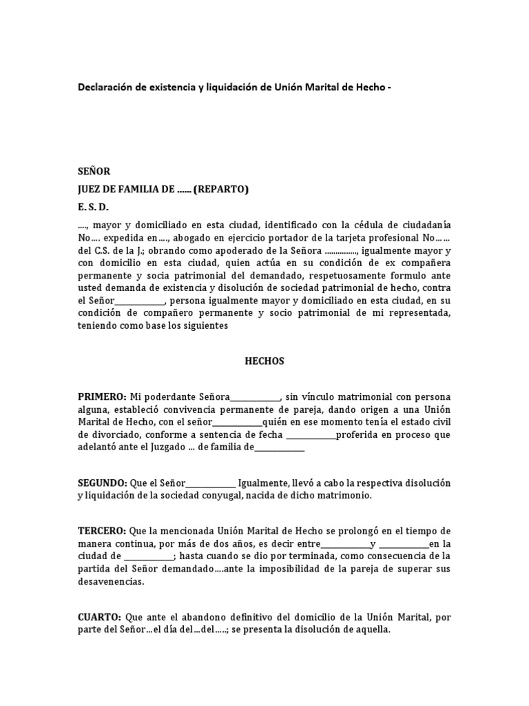 Declaracion de Existencia y Liquidacion de Union Marital de Hecho ...
