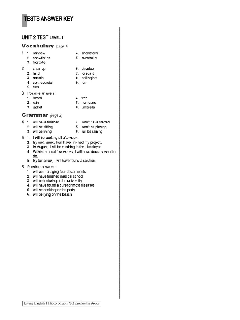 Unit 2 Test Level 1 Answer Key | PDF