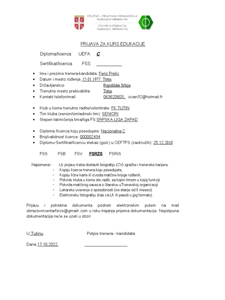 PRIJAVA ZA KURS EDUKACIJE Cican | PDF