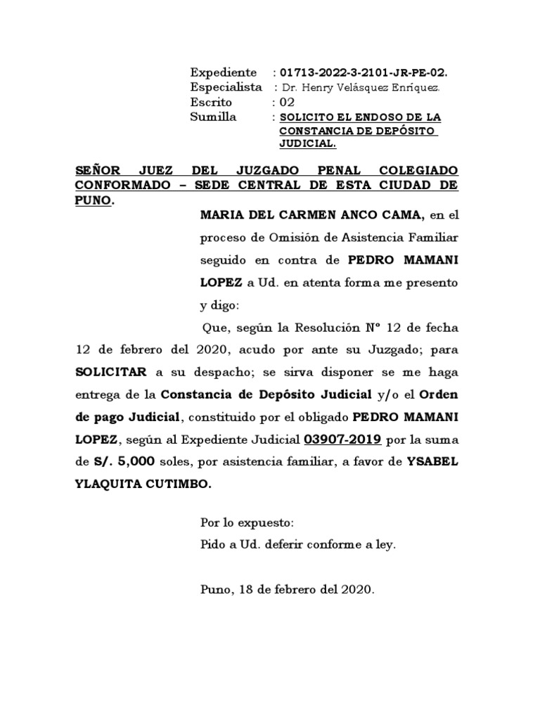 Escrito Endoso Constancia de Deposito Judicial | PDF