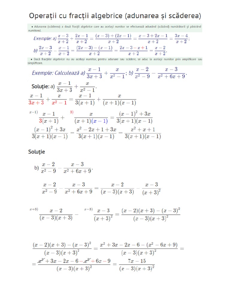 Adunarea Si Scaderea Fractiilor Algebrice | PDF