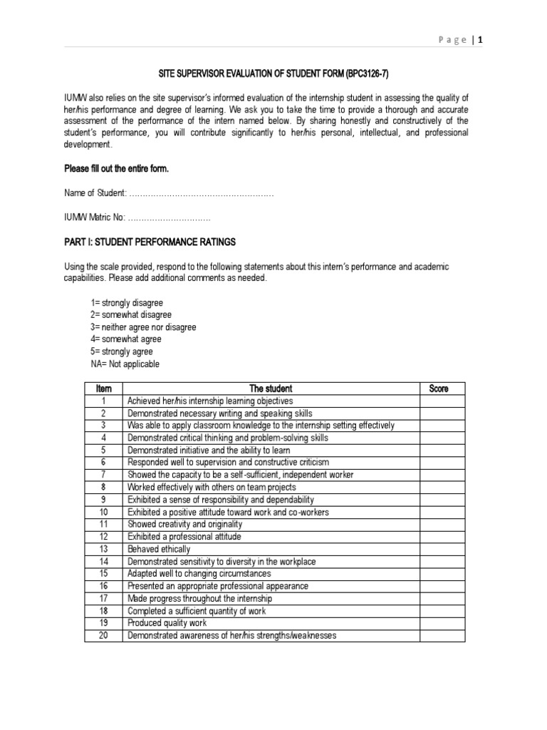 Internship Supervisor Evaluation Form | PDF | Internship | Job Hunting